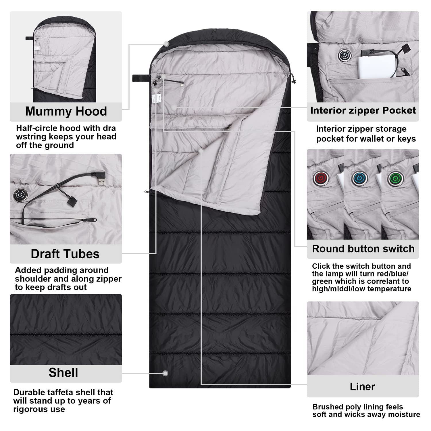 AGEMORE Heated Sleeping Bag for Adults, 5V USB Power Support Waterproof Sleeping Bag with 5pcs Heating Plate, Heating Sleeping Bag for Camping, Backpacking or Hiking (Power Bank not Included)