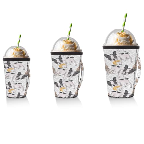 French Bulldog Iced Coffee Sleeve with Handle, Paris Eiffel Tower Reusable Neoprene Insulated Sleeves Cup Cover Holder for Cold Drinks Beverages 30oz - 32oz