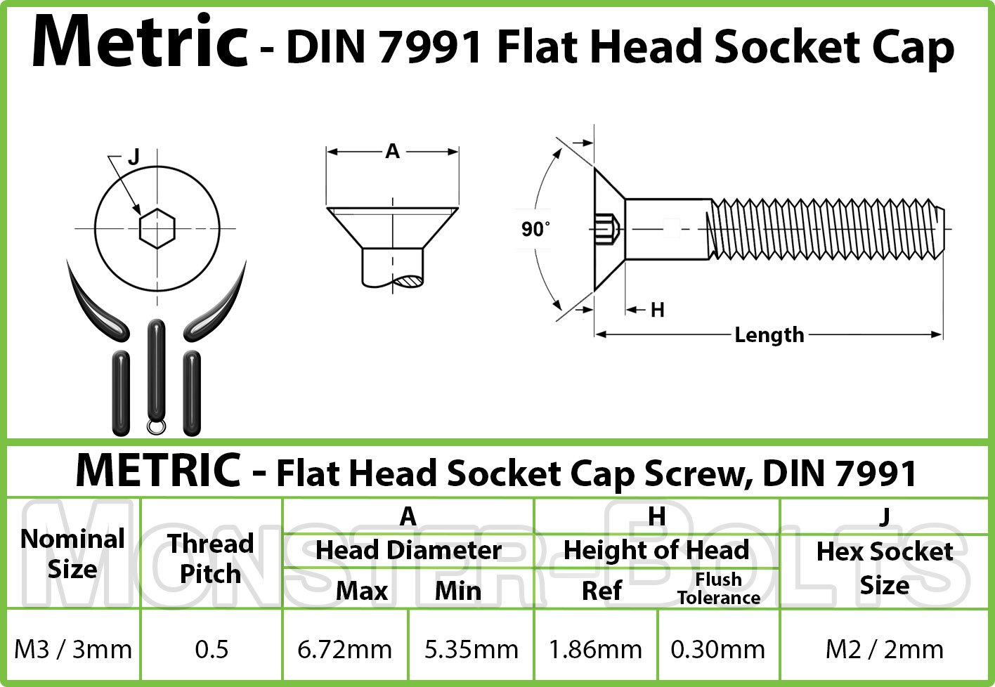 MonsterBolts - M3 x 10mm Flat Head Socket Cap Screws, DIN 7991, Alloy Steel, Black Oxide, 10 Pack