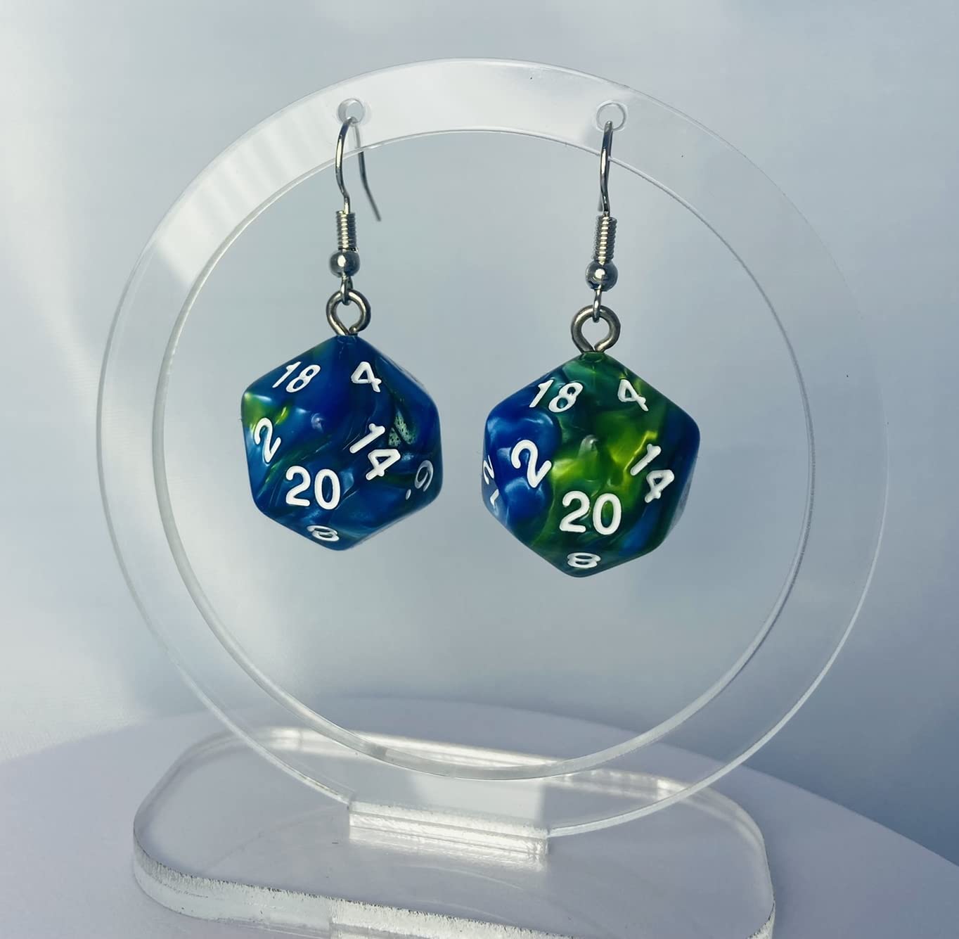 d20 / d10 Polyhedral Dice Earrings - Multicolored Pearlescent Swirl (d20 Blue-Green)