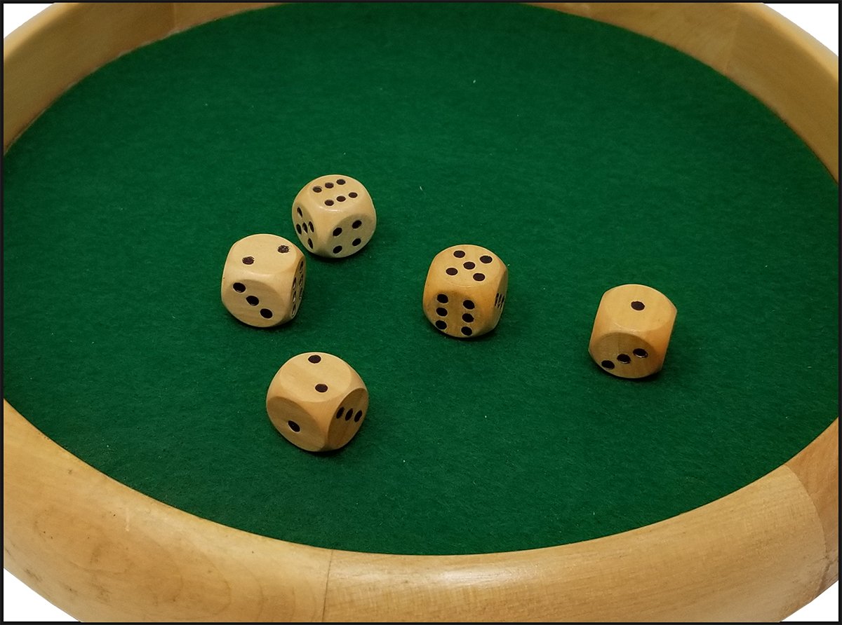 DA VINCI Economy Line of Wood Dice Rolling Tray with 5 Wooden Dice (10 Inch Round)