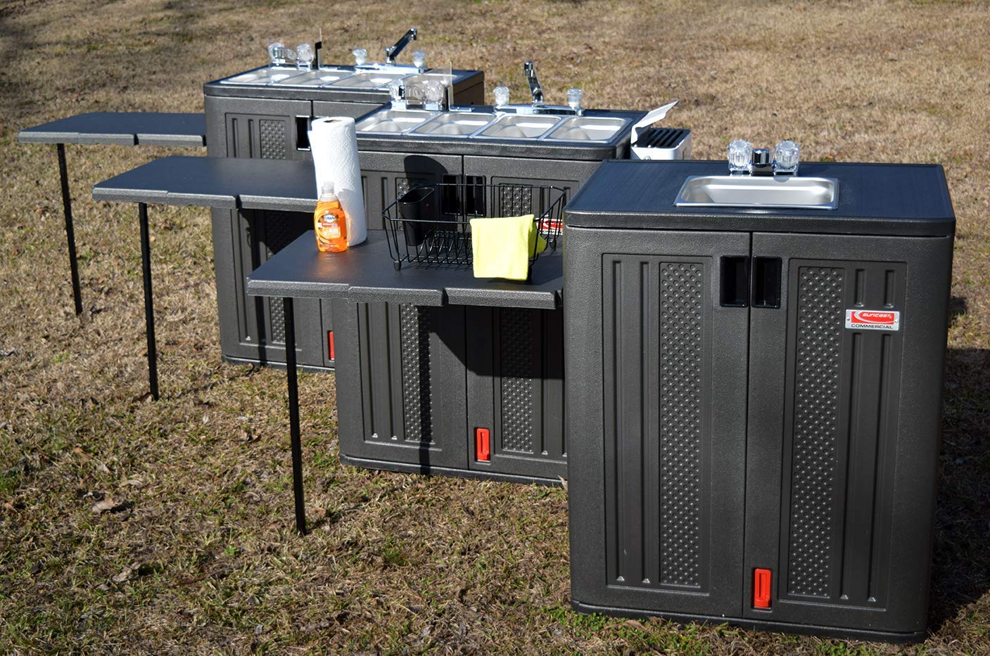 Concession Sinks Standard Propane 3 Compartment with Removable Accessory Shelf, Soap Dispenser and New! 3" Caster Wheel Base by Concession Sinks
