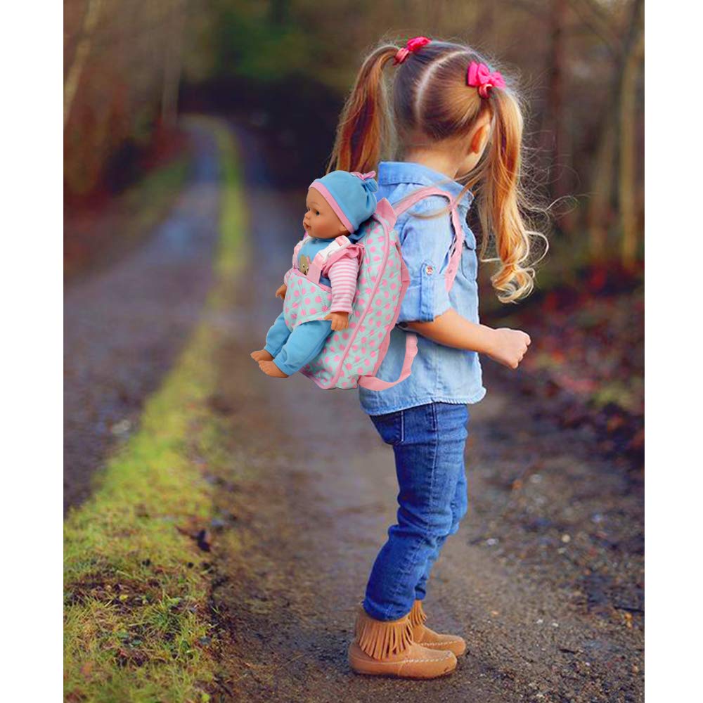 Dolls To Play 13" Soft Baby Doll with Take Along Pink Doll Backpack Carrier, Briefcase Pocket Fits Doll Accessories and Clothing