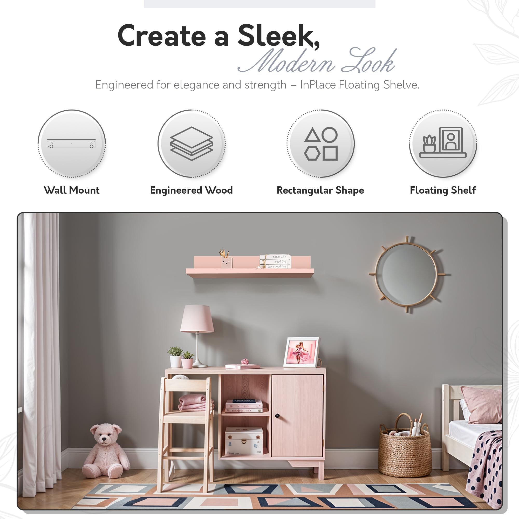 InPlace Pink Picture Ledge Shelf, 24" W x 4.5" D x 3.5" H, 9605012E