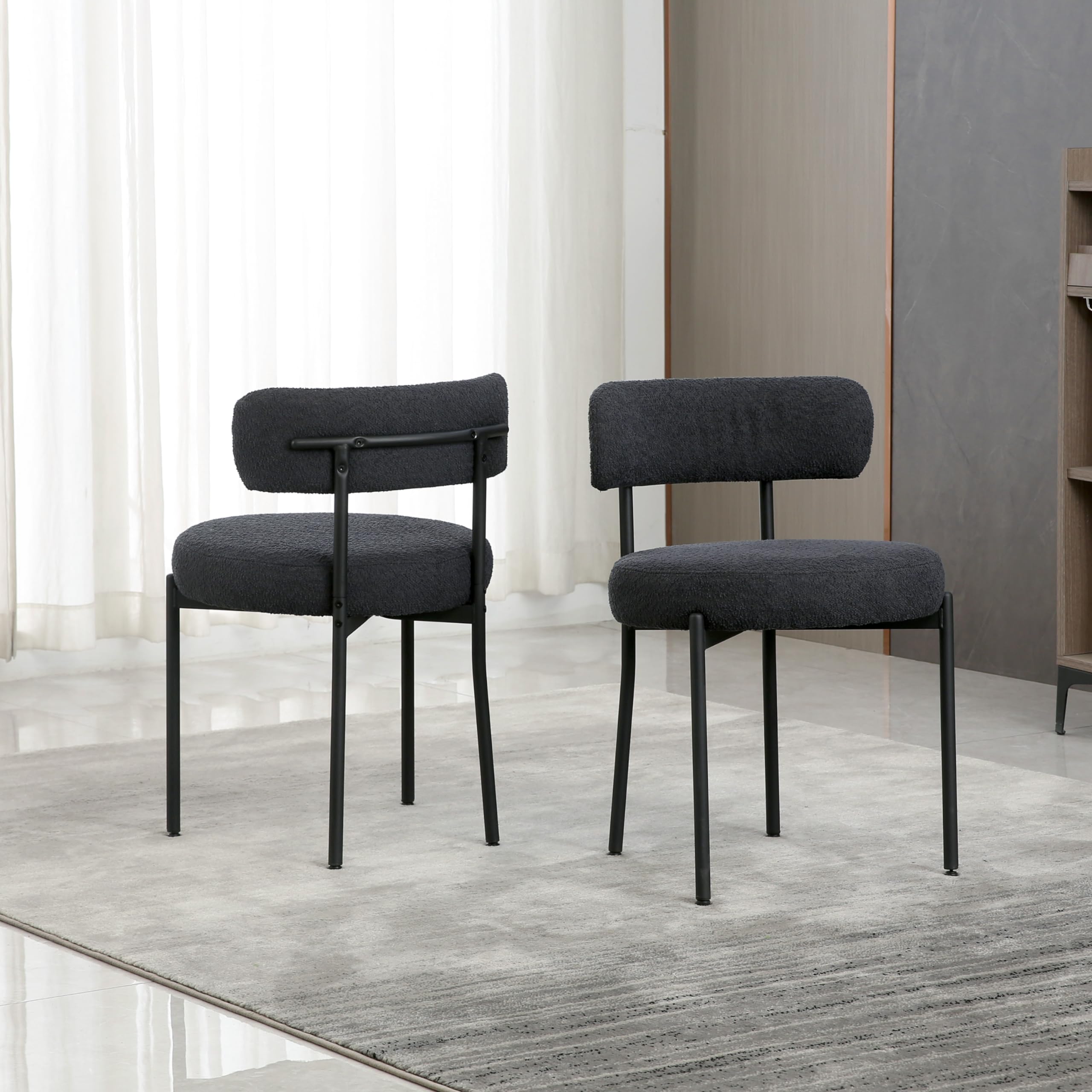 AISALL Black Dining Chairs Set of 2 Round Upholstered Boucle Dining Room Chairs Mid-Century Modern Kitchen Chairs Curved Backrest Chairs for Dining Room Black Metal Legs