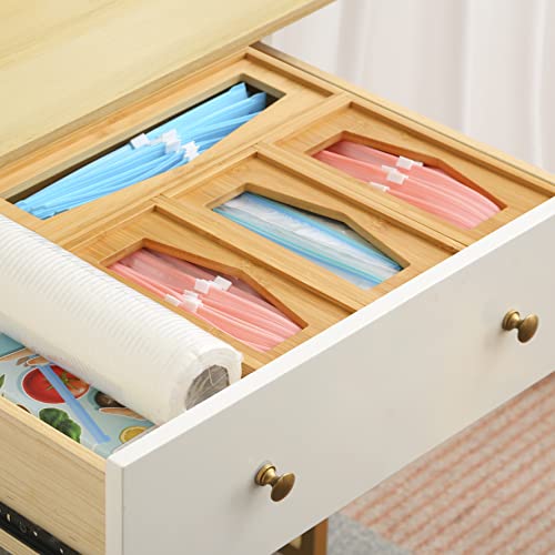 Baggie Organizer For Drawer | Bamboo Storage Containers, Fits Gallon Ziploc Bags, Saran Wrap, Foil Aluminum Roll, Plastic Bag Organizer | Kitchen Storage Containers Drawer Organizer Kitchen Utensils
