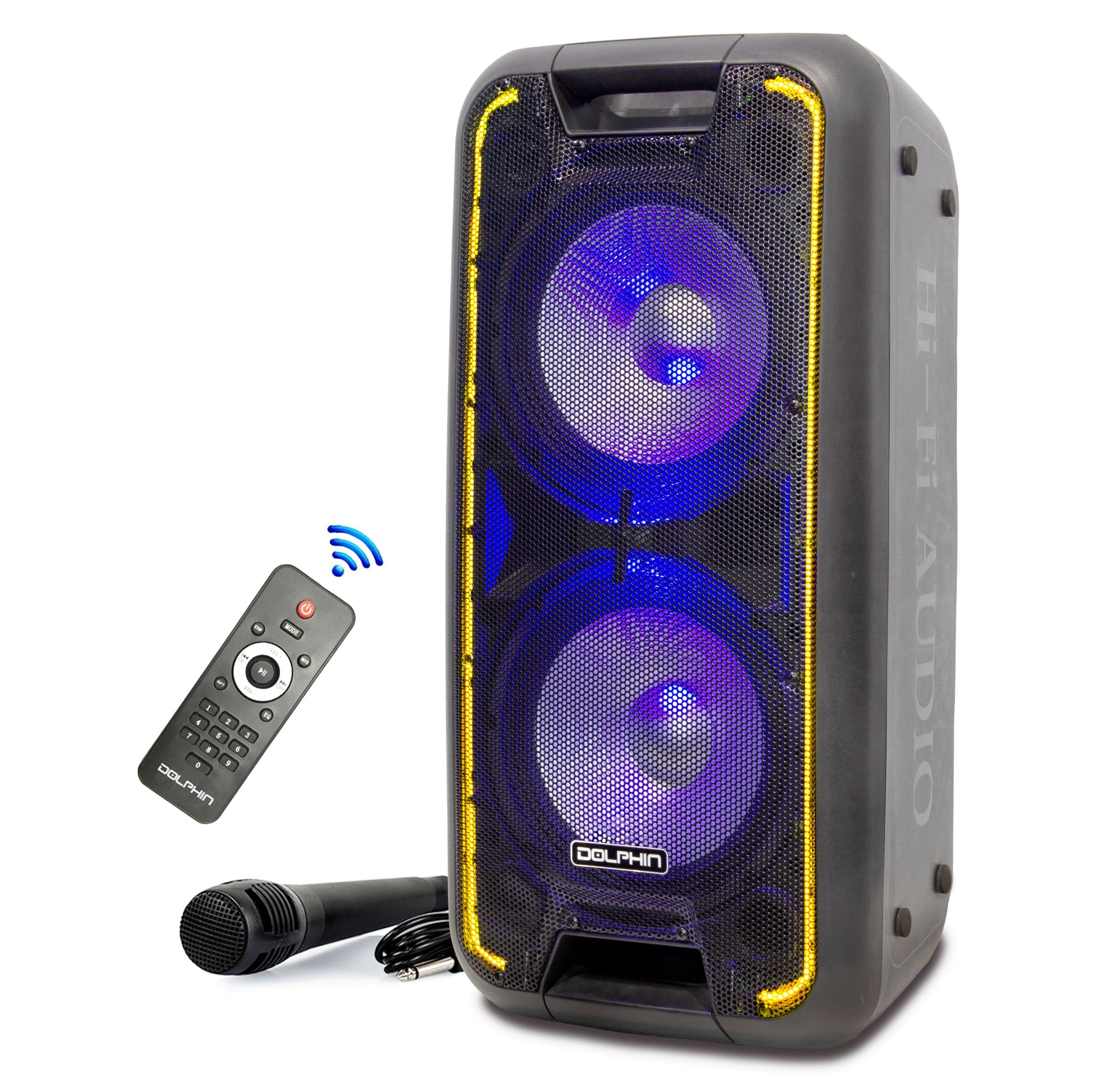 Dolphin SP-210RBT Dual 10" Bluetooth Party Speaker, Neon LED Lights, 3400W, Long-Lasting Battery, X-Bass, Trolley & Wheels