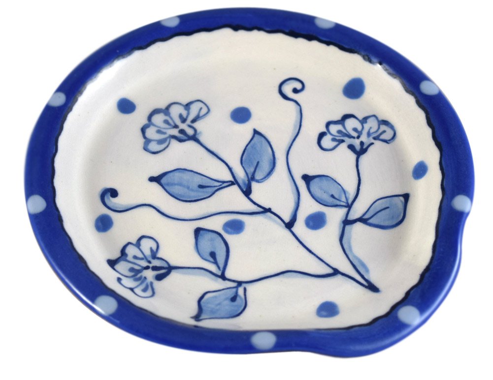 American Made Terracotta Pottery Kitchen Spoon Rest, Delft-Style Wildflower Blue