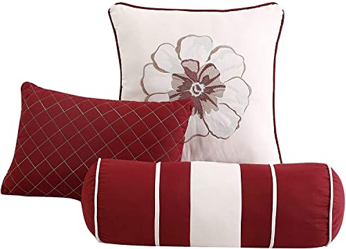 Chezmoi Collection Miranda 7-Piece Red Beige Floral Hibiscus Embroidery Comforter Set, California King