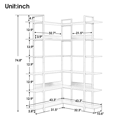 Corner Bookcase, 6-Tier L-Shaped Tall Bookshelf with Open Storage, Freestanding Industrial Shelf with Metal Frame for Home Office Funiture(Black)