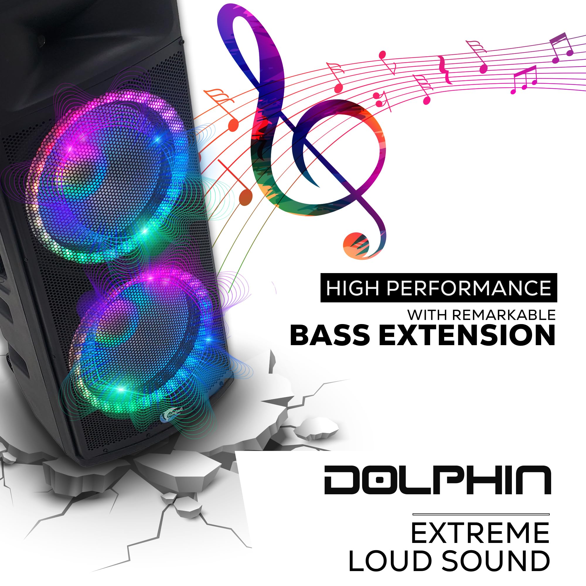 Dolphin SPX-280BT - Powerful DEEP BASS | Dual 15" Woofers, 6500W - Bluetooth Cabinet PA Speaker System with LED Light Show, Ground Shaker, Wireless Mic