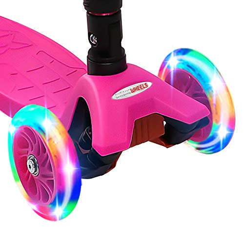ChromeWheels Scooters for Kids, Deluxe Kick Scooter Foldable 4 Adjustable Height 132lbs Weight Limit 3 Wheel, Lean to Steer LED Light Up Wheels, Best Gifts for Girls Boys Age 3-12 Year Old, Pink