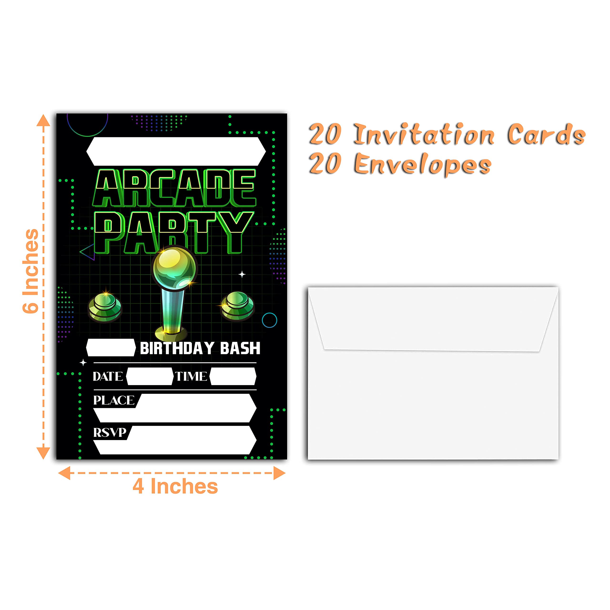YQV Arcade Birthday Party Invitations, 20-Count Arcade Video Game Birthday Party Invites With Envelopes-HBYQK-B26