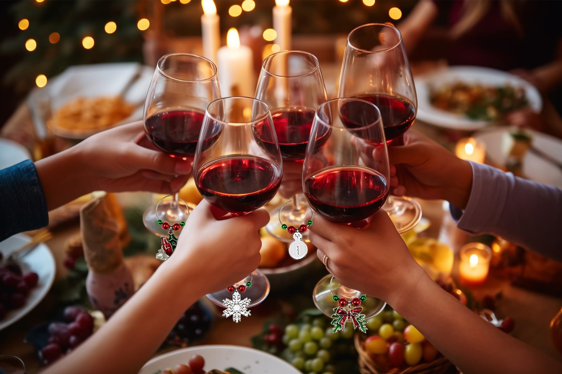 AUXO-FUN 12 Pieces Christmas Wine Glass Charms for Stemmed Goblets Glasses Drink Markers to Identify Your Drinks Bringing Cheers to Your Holiday Party