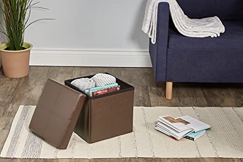 Fresh Home Elements FHE 12” Folding Storage Ottoman Cube, 12 x 12 x 12, Brown Vegan Faux Leather, Easy Transformation for Extra Storage, Seating, and Foot Rest, Family, Guests, Decluttering
