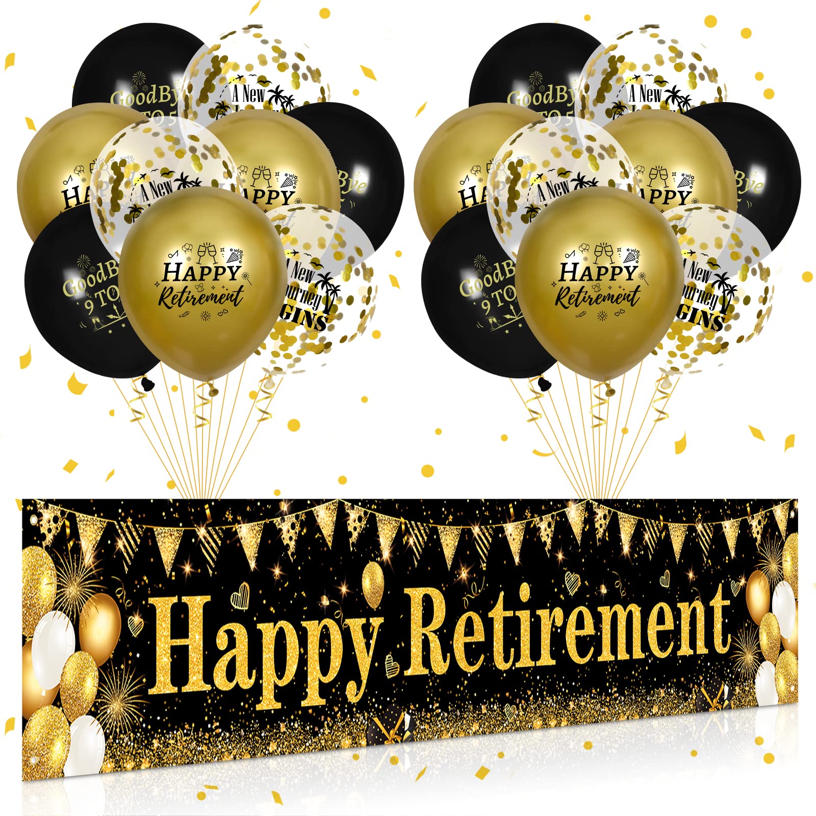 Retirement Party Decorations Black Gold Happy Retirement Banner and 18pcs Happy Retirement Balloons for Men and Women Large Black Gold Retirement Yard Sign for Retirement Party Supplies