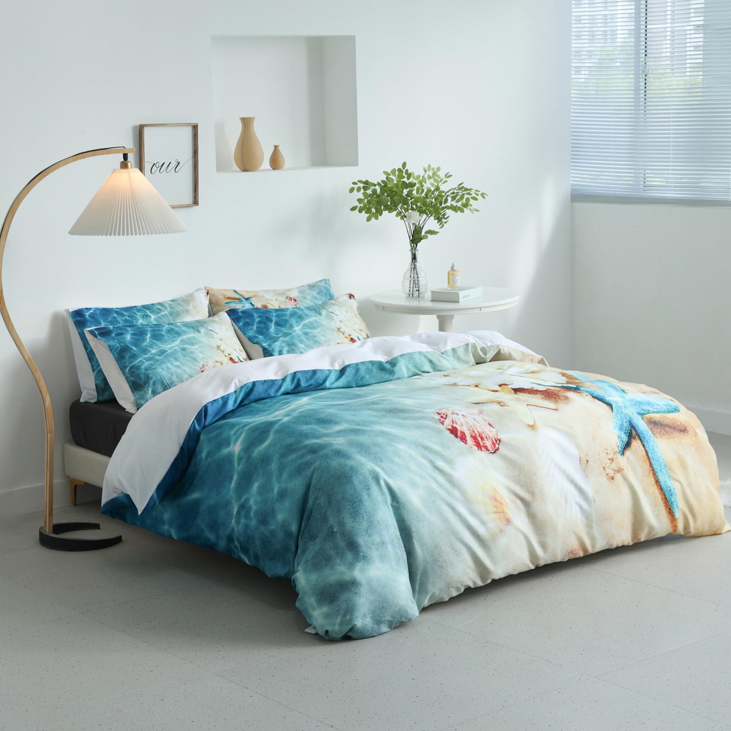 Beach Duvet Cover King, 3 Pieces Soft Lightweight Microfiber Duvet Cover Set, 3D Beach Ocean Bedding Comforter Cover Set with Zipper Ties, 1 Duvet Cover and 2 Pillowcases, No Comforter