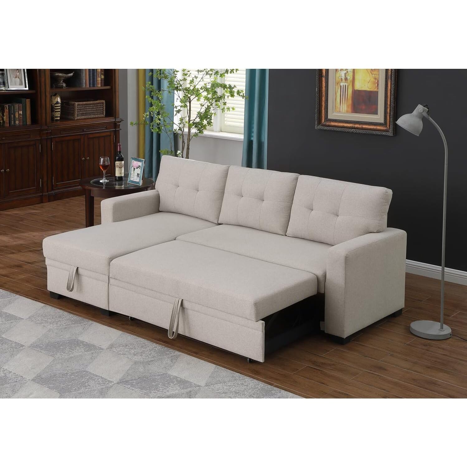 HomeStock City Chic L-Shaped Fabric Reversible, Easy Convertible Pull-Out Sleeper Sectional Sofa/Storage Chaise with Tufted Back Cushions and Track Arms-Beige