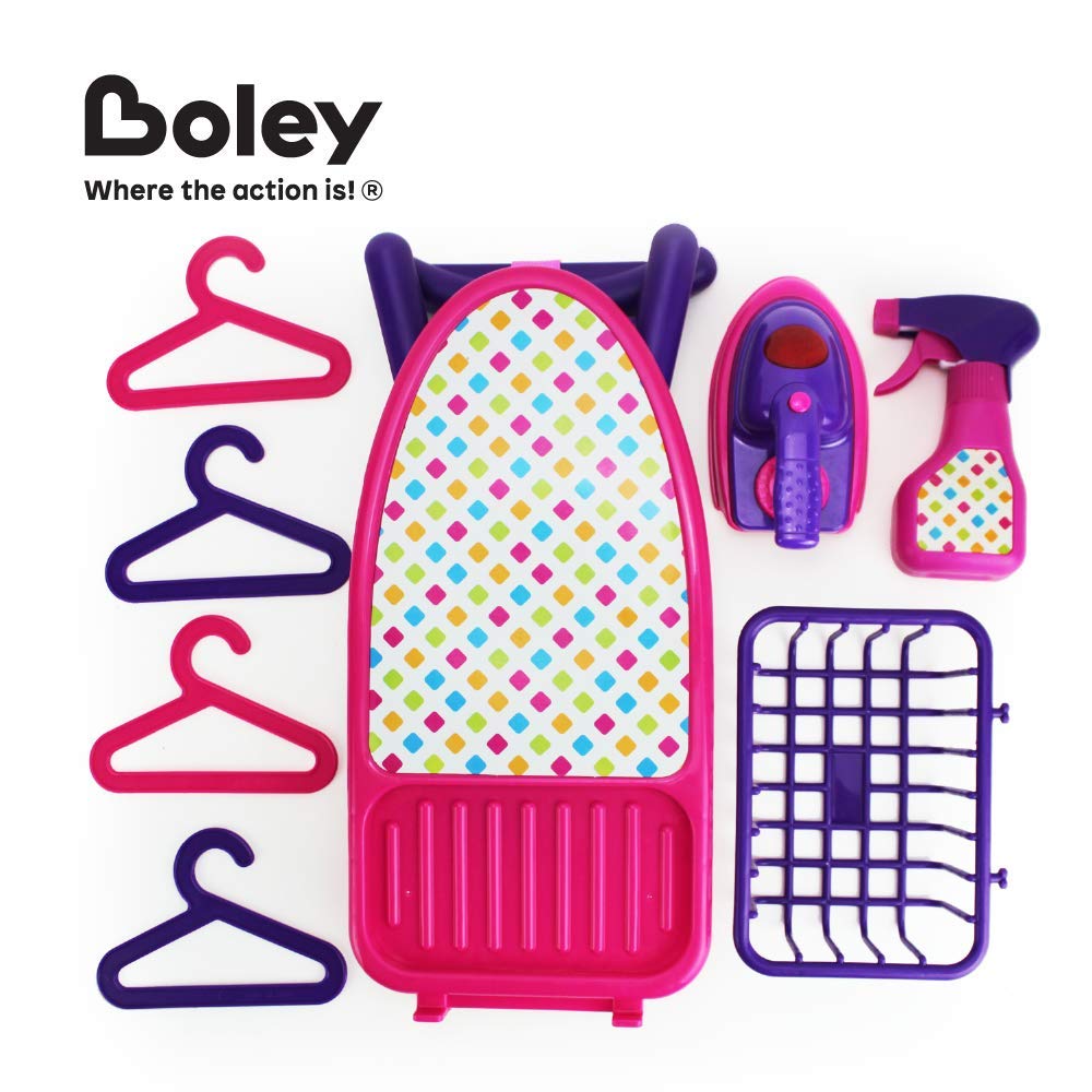 Boley Pretend Play Laundry Playset - 8-Piece Pink and Purple Toy Ironing Board Set with Realistic Lights & Sounds Iron, Working Spray Bottle, Hangers, and Storage Basket for Kids and Toddlers