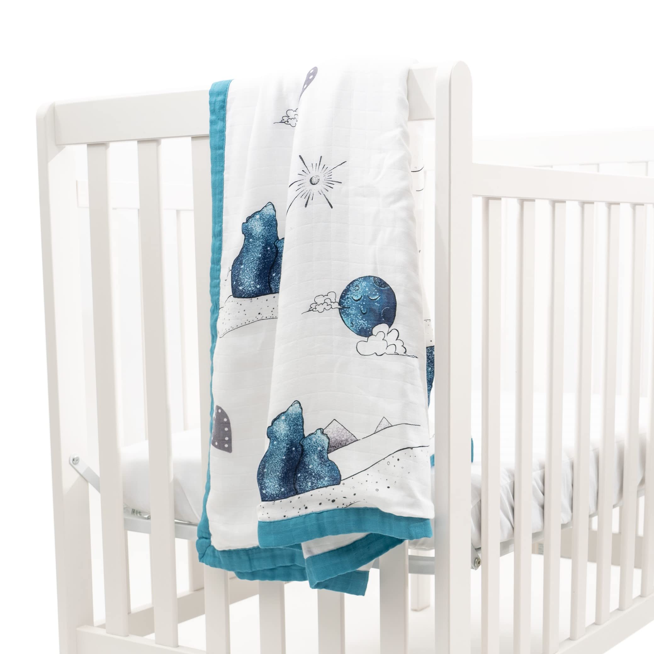 JumpOff Jo - Baby Muslin Swaddle Blanket, 47" x 47" - Ultra Soft 70% Rayon derived from Bamboo & Muslin 30% Cotton Lightweight Receiving Blanket, Machine Washable - Mama Bear Blue