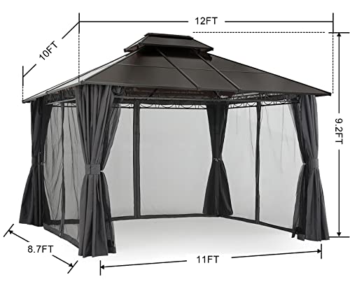 COOSHADE 10×12 Polycarbonate Roof Patio Gazebos Double Vent Waterproof Outdoor Gazebo with Curtains and Mosquito Netting (Dark Grey)