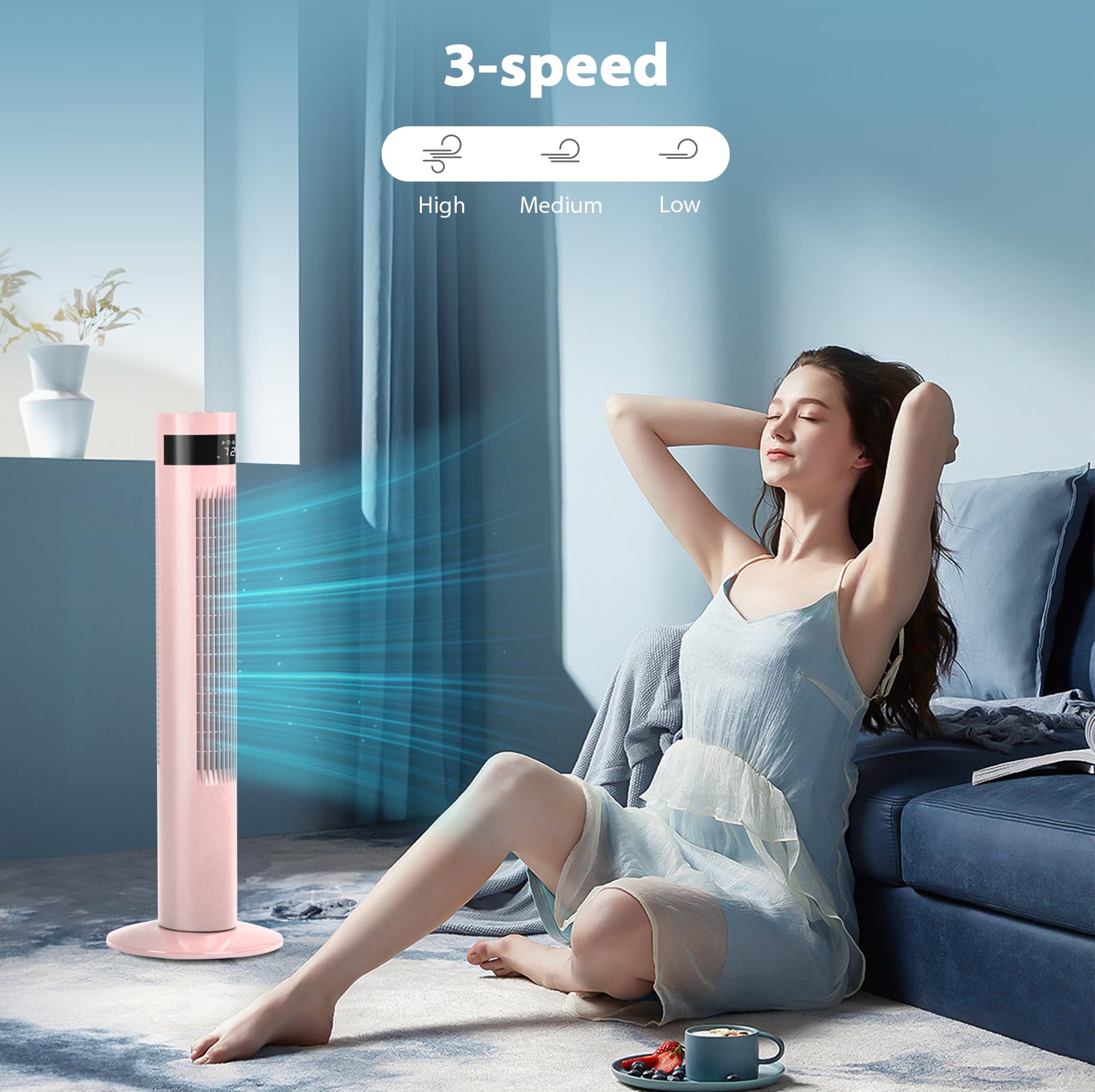 Antarctic Star Tower Fan Portable Electric Oscillating Fan Quiet Cooling Remote Control Standing Bladeless Floor Fans 3 Speeds Wind Modes Timer Bedroom Office(36 inch, Pink)