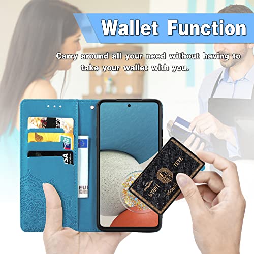 for Samsung A53 5G Wallet Case, Samsung Galaxy A53 5G Case Wallet, [Flower Embossed] PU Leather Magnetic Flip Phone Case Cover with Card Holder Stand for Samsung Galaxy A53 5G / A53 (Blue)