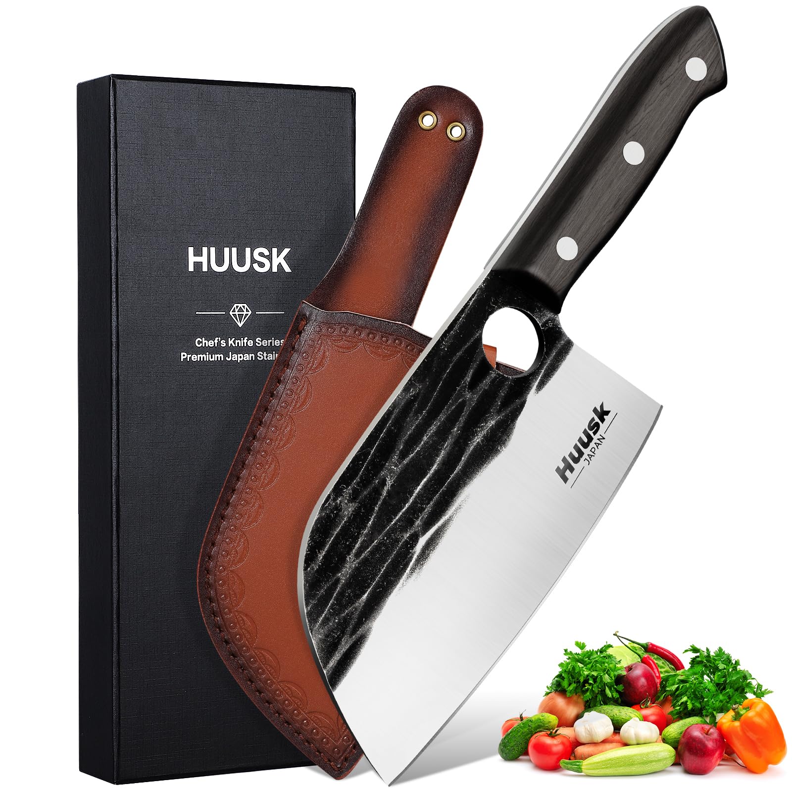 Huusk Serbian Chef Knife Hand Forged Meat Cleaver with Sheath High Carbon Steel Full Tang Knife Heavy Duty Butcher Knife for Kitchen or Camping Outdoor Christmas Gifts Gifts for Dad