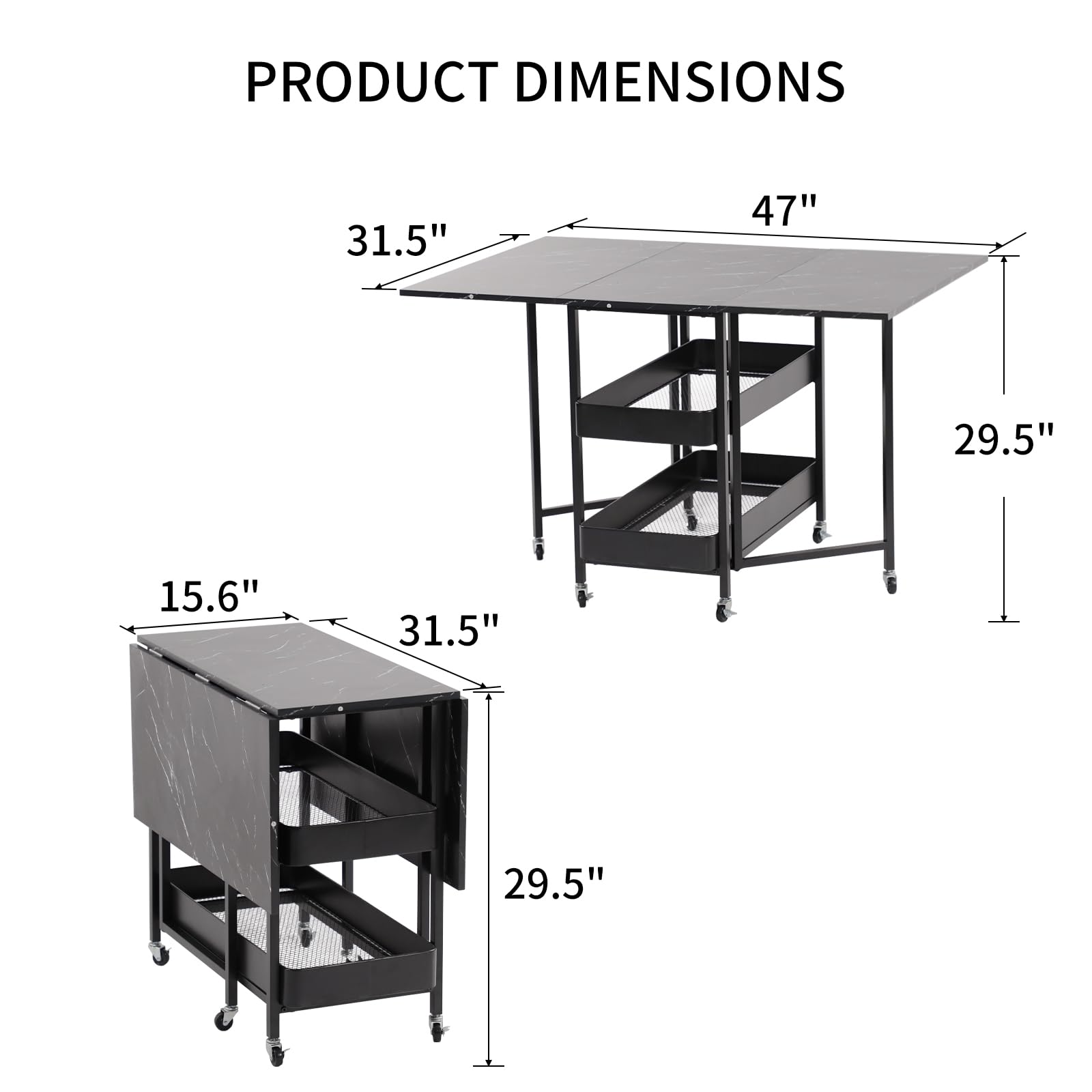 ADOFFUR Folding Dining Table, Foldable Kitchen Table with Storage, Space Saving Extendable Folding Dinner Table with 6 Wheels for Kitchen, Small Spaces, Living Room - Black