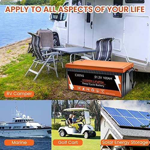CHINS Bluetooth LiFePO4 Battery,48V 100Ah Smart Lithium Battery,Perfect for Golf Cart, Trolling Motor, Boat, RV, Solar, Home Energy Storage, Backup Power and Off-Grid etc, Peak Current 500A.