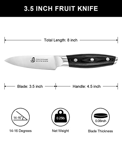 TUO Paring Knife 3.5 inch Fruit Peeling Knife Ultra Sharp Kitchen Chef Knife - German HC Steel Full Tang Pakkawood Handle - BLACK HAWK SERIES with Gift Box