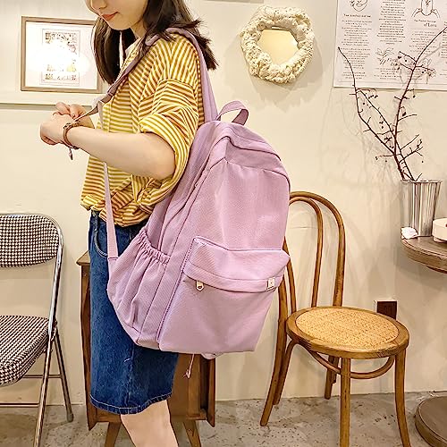 BOUTIKOME Solid Color Backpack for Women Aesthetic Travel Backpack Large Capacity Waterproof Casual Basic Backpack(Purple,One Size)