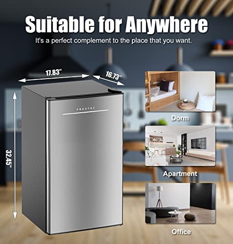 Frestec Mini Fridge with Freezer,Small Refrigerator,Mini Fridge for Bedroom,3.1 Cu Ft Single Door Compact,Energy Saving,Low Noise with Reversible Door,Mini Fridge for Office (Stainless Steel)
