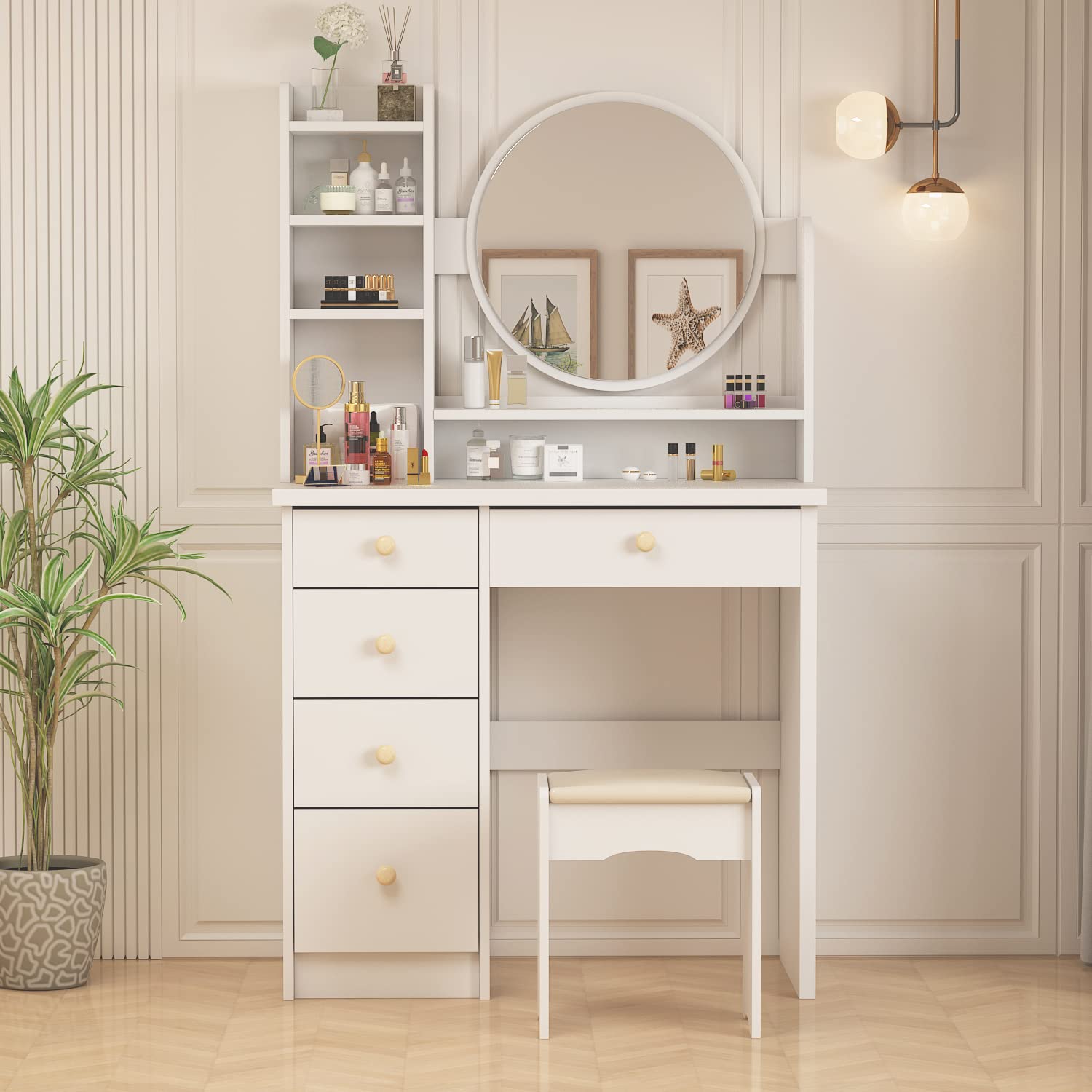 AGOTENI Makeup Vanity Set Dresser Desk with 5 Drawer and Shelf Round Mirror Dressing Table Vanity Set with Cushioned Stool for Bedroom, White