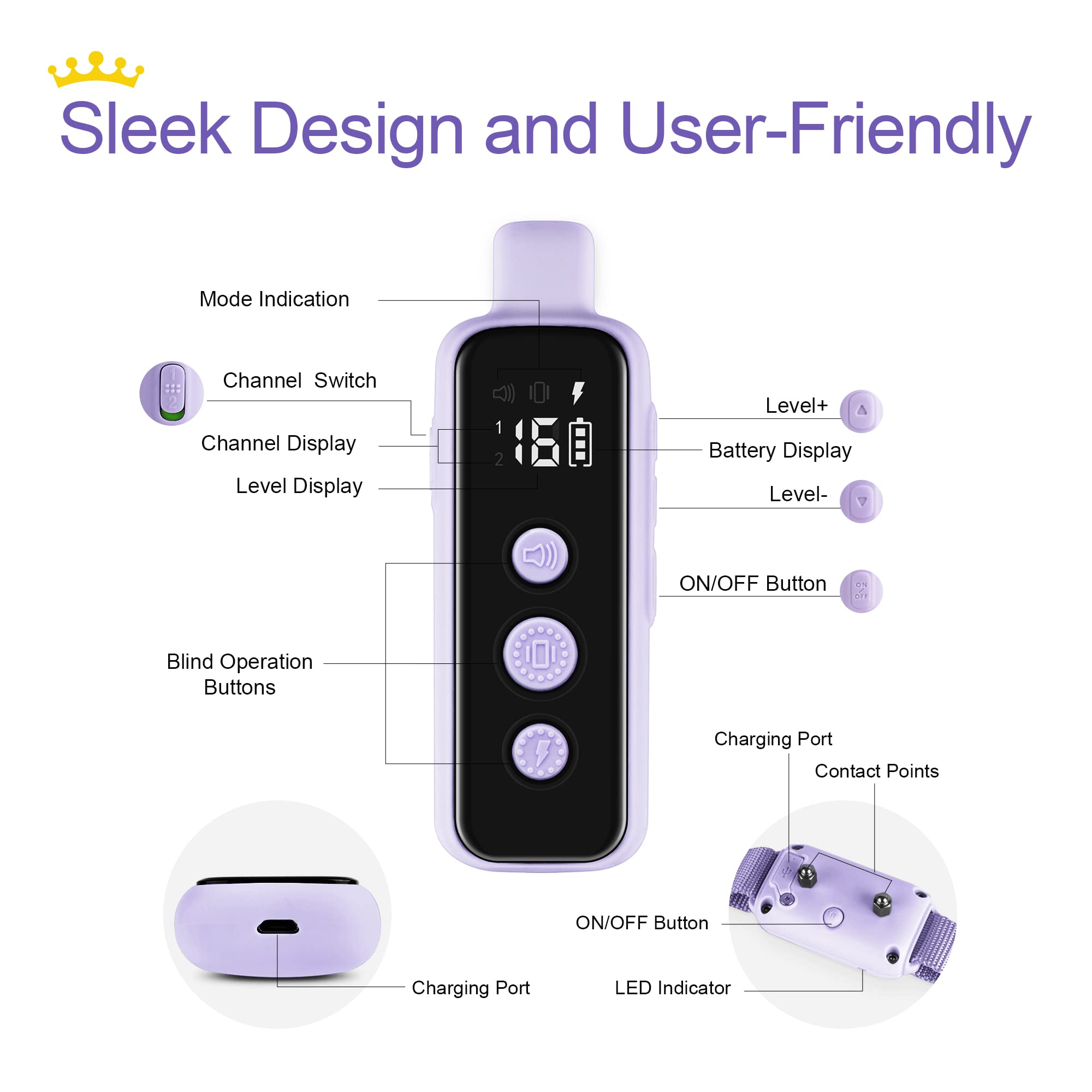 Bousnic Shock Collar for Dogs - Waterproof Rechargeable Dog Electric Training Collar with Remote for Small Medium Large Dogs with Beep, Vibration, Safe Shock Modes (8-120 Lbs) (Purple)