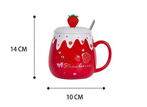 Anjiyoyo Lovely Strawberry and Stainless Steel Scoop Ceramic Coffee Cup, Novel and Interesting Fruit cup, Lovers Milk cup, Creative Gift Breakfast Cup for Kid or Girlfriend