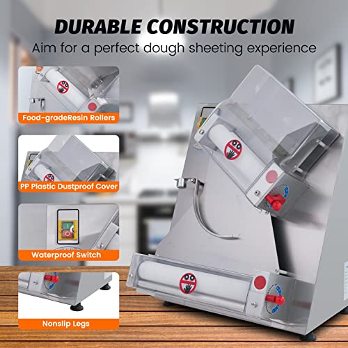 Hakka Pizza Dough Roller Sheeter - Adjustable Thickness and Size, Transparent Covers, 304 Stainless Steel, 370W, 110V