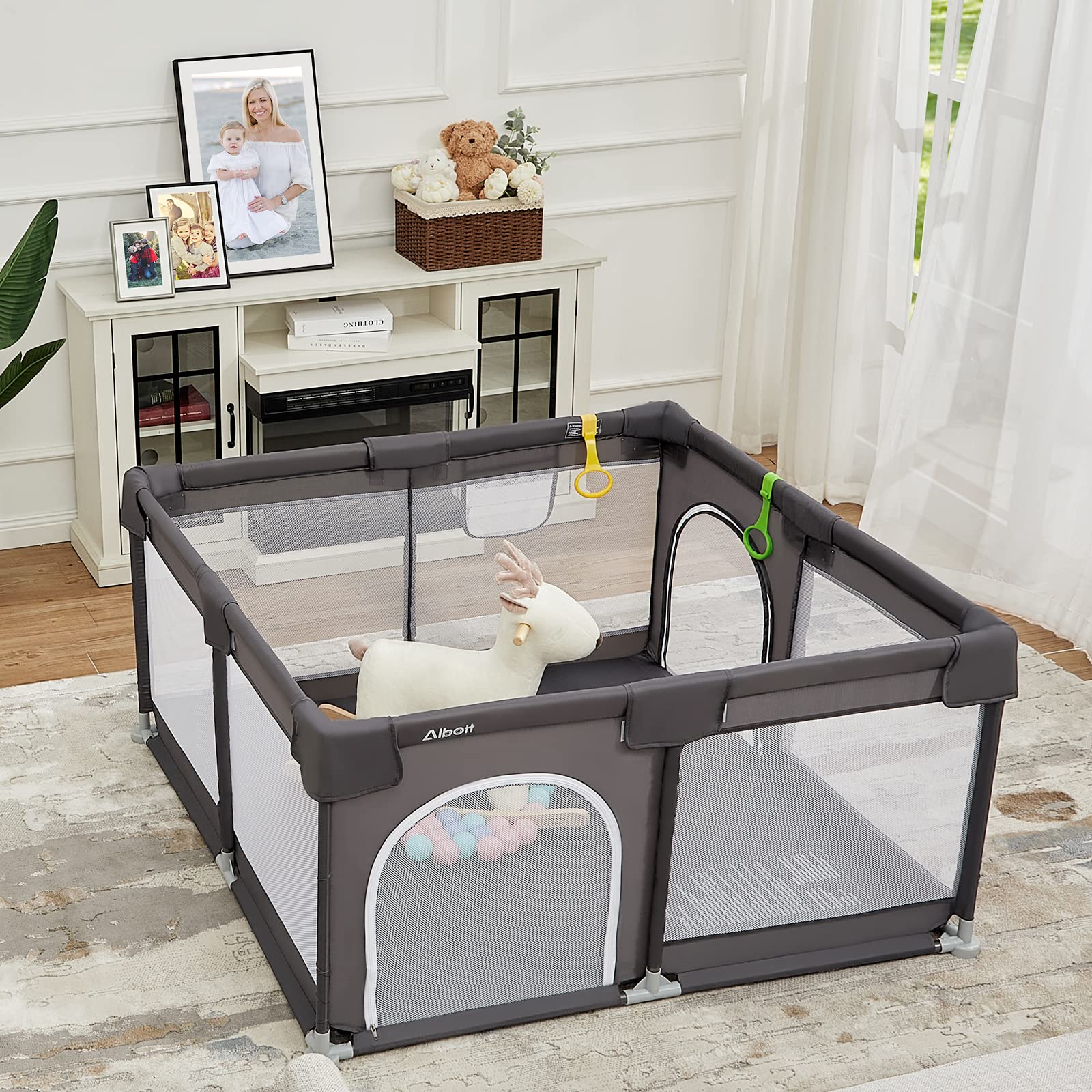 Albott Portable Baby Playpen for Babies and Toddlers, 52"x52" Baby Playards with 50pc Pit Balls, Large Anti-Fall Infant Safety Activity Center (Deep Grey)