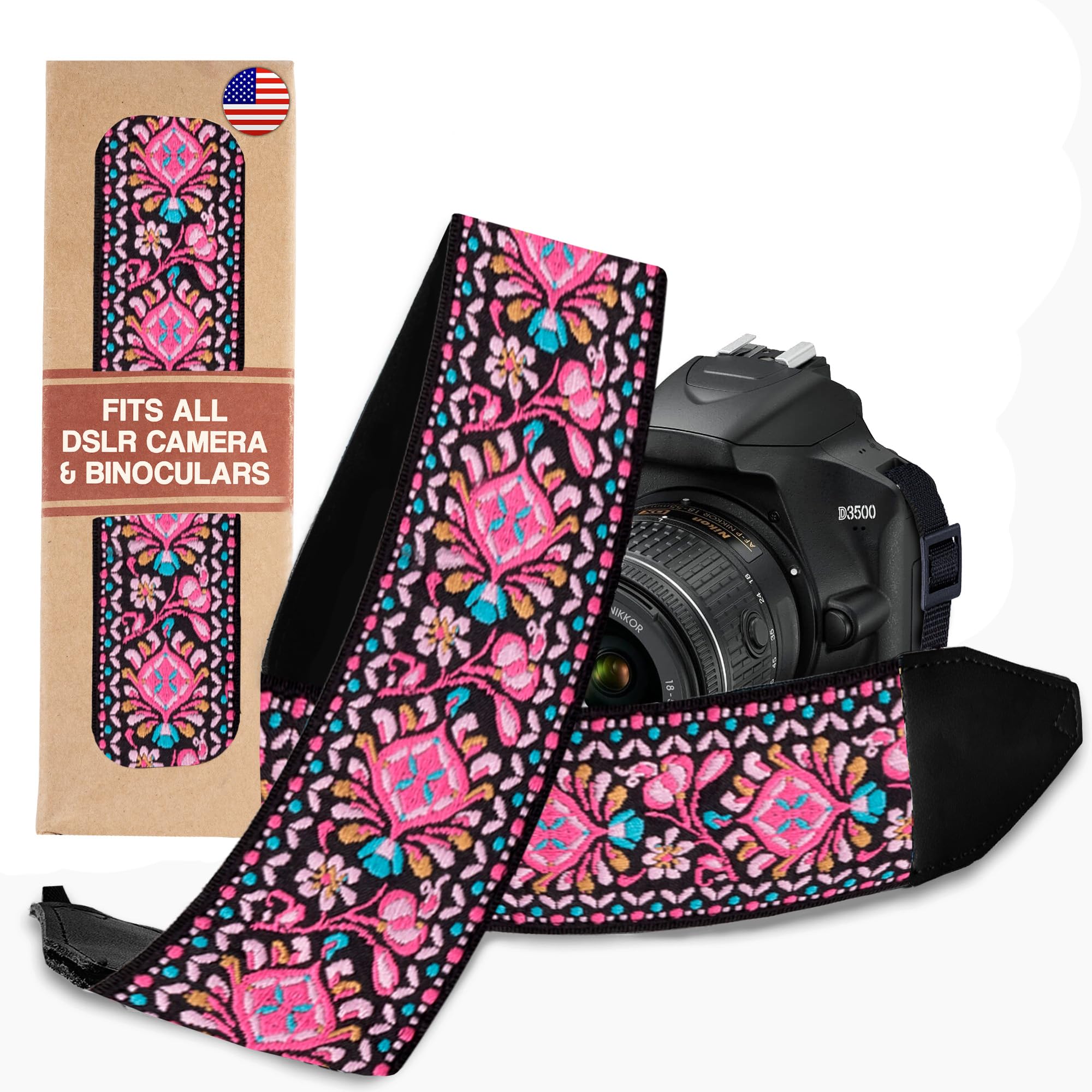 Art Tribute Pink Woven Camera Strap For All DSLR and SLR Camera, Embroidered Elegant Universal Neck & Shoulder Strap, BOHO Pattern. Best Gift for Photographers