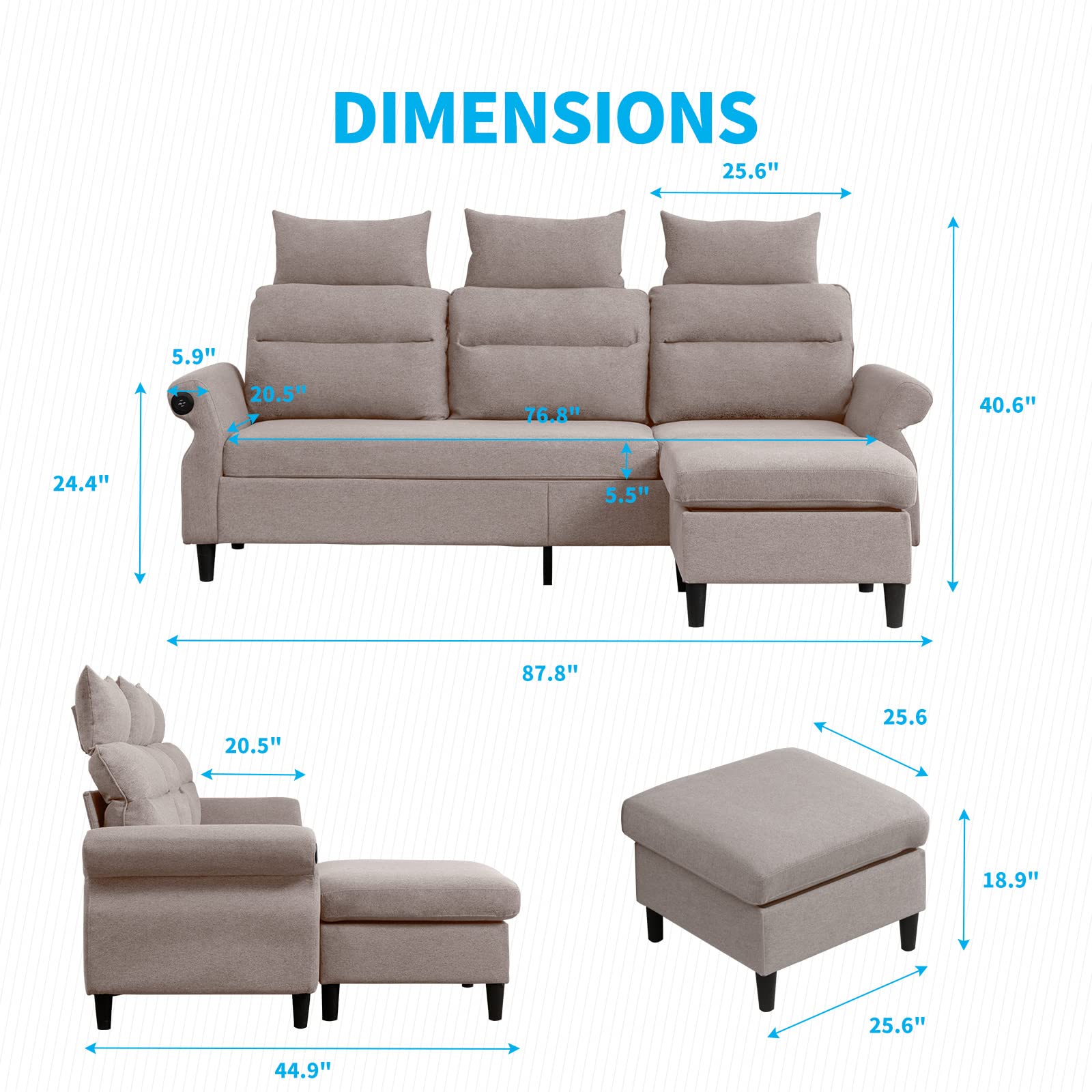 Mjkone Convertible Sectional Sofa Couch, 3 Seat L Shaped Headrest Sofa with 2 USB Ports and Adjustable Armrest, 88" W Modular Sectional Sofa Set with Storage Ottoman for Living Room, Beige