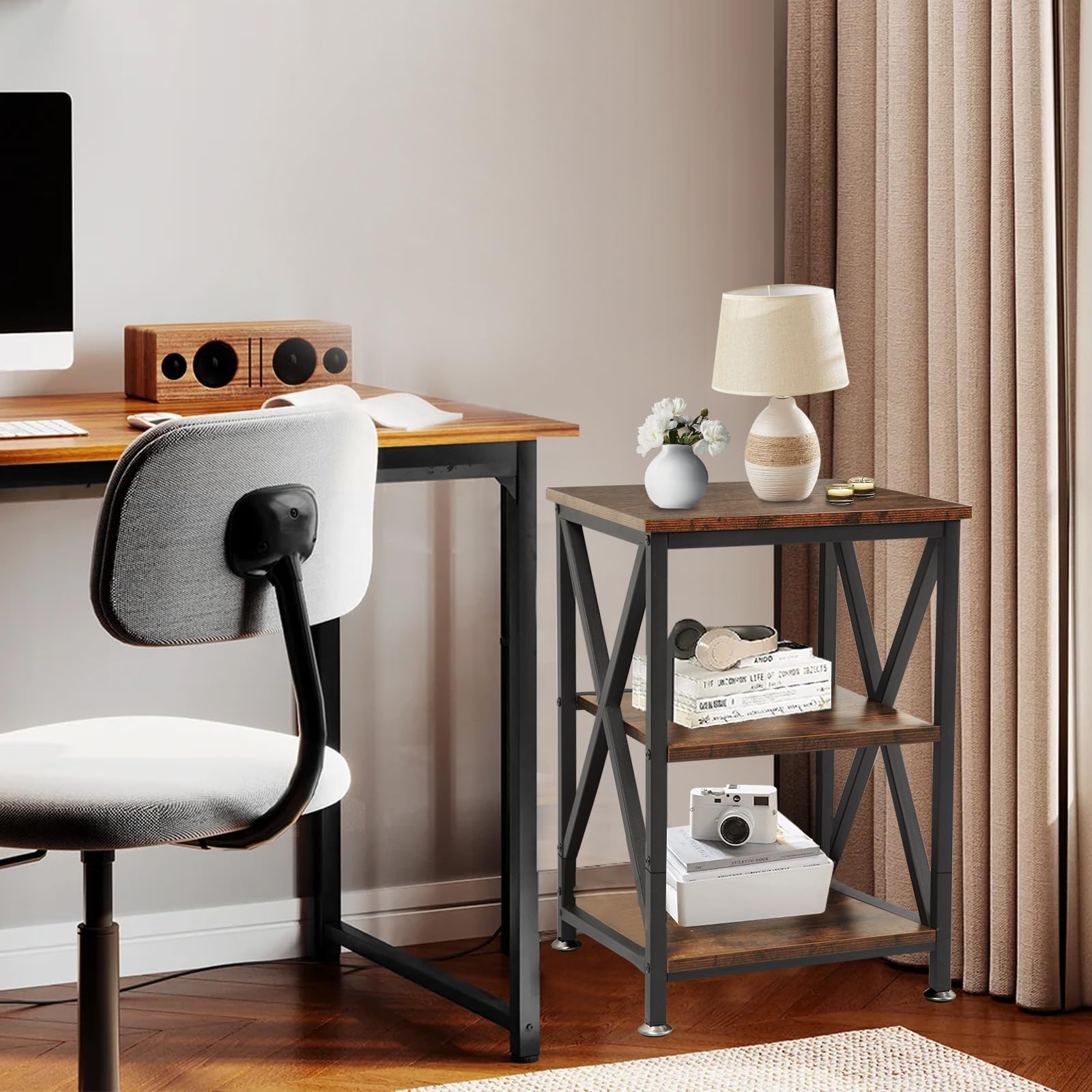 End Tables with Storage Shelf, 12" D x 16" W x 24" H, 3-Tier Side Table, End Tables Living Room Farmhouse, X-Shaped Night Stands for Bedrooms Bedside Tables