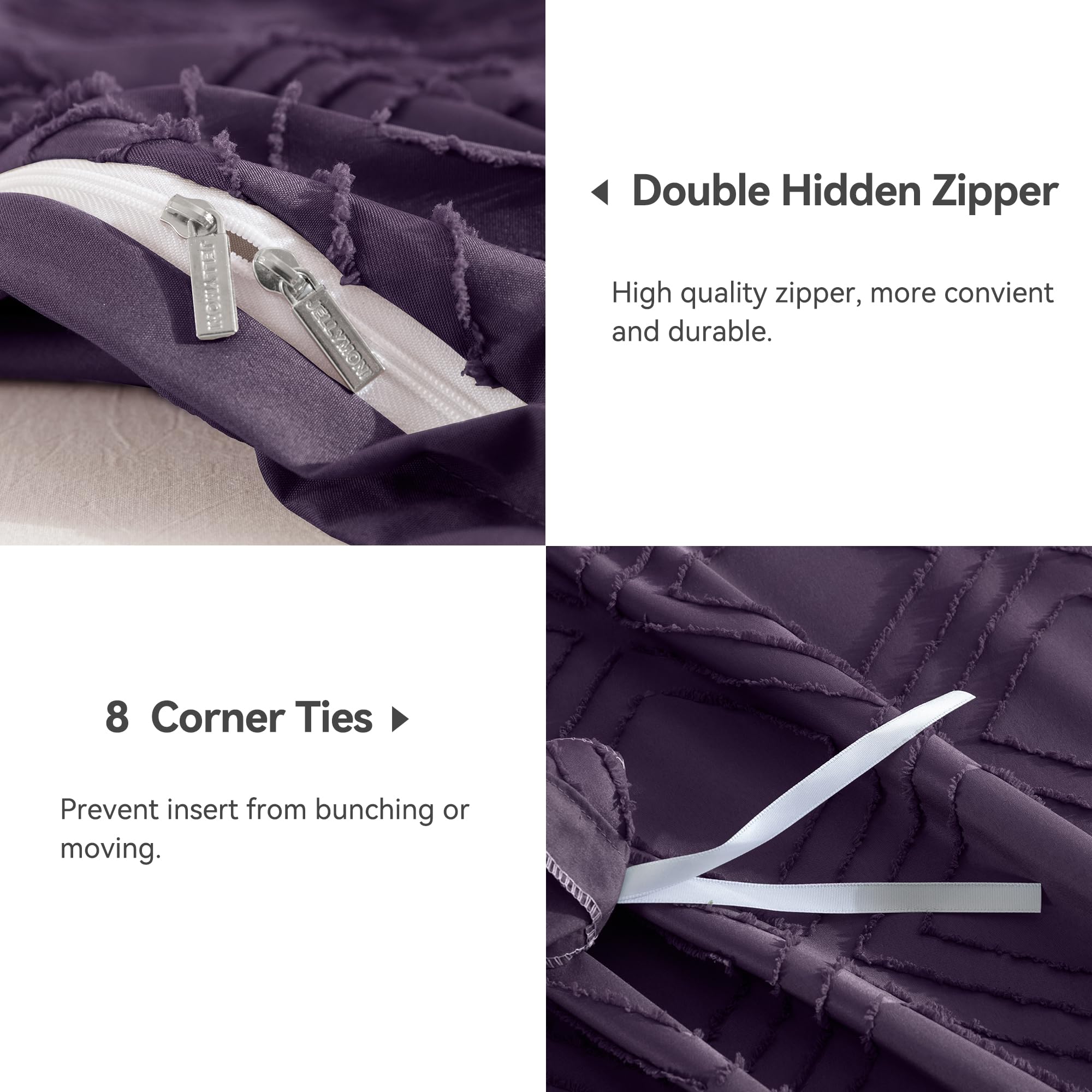 JELLYMONI Purple Duvet Cover Twin Size - 3 PCS Microfiber Tufted Duvet Cover Set, Boho Textured Duvet Cover Jacquard Rhombus Geometric Pattern Duvet Cover with Corner Ties & Zipper Closure
