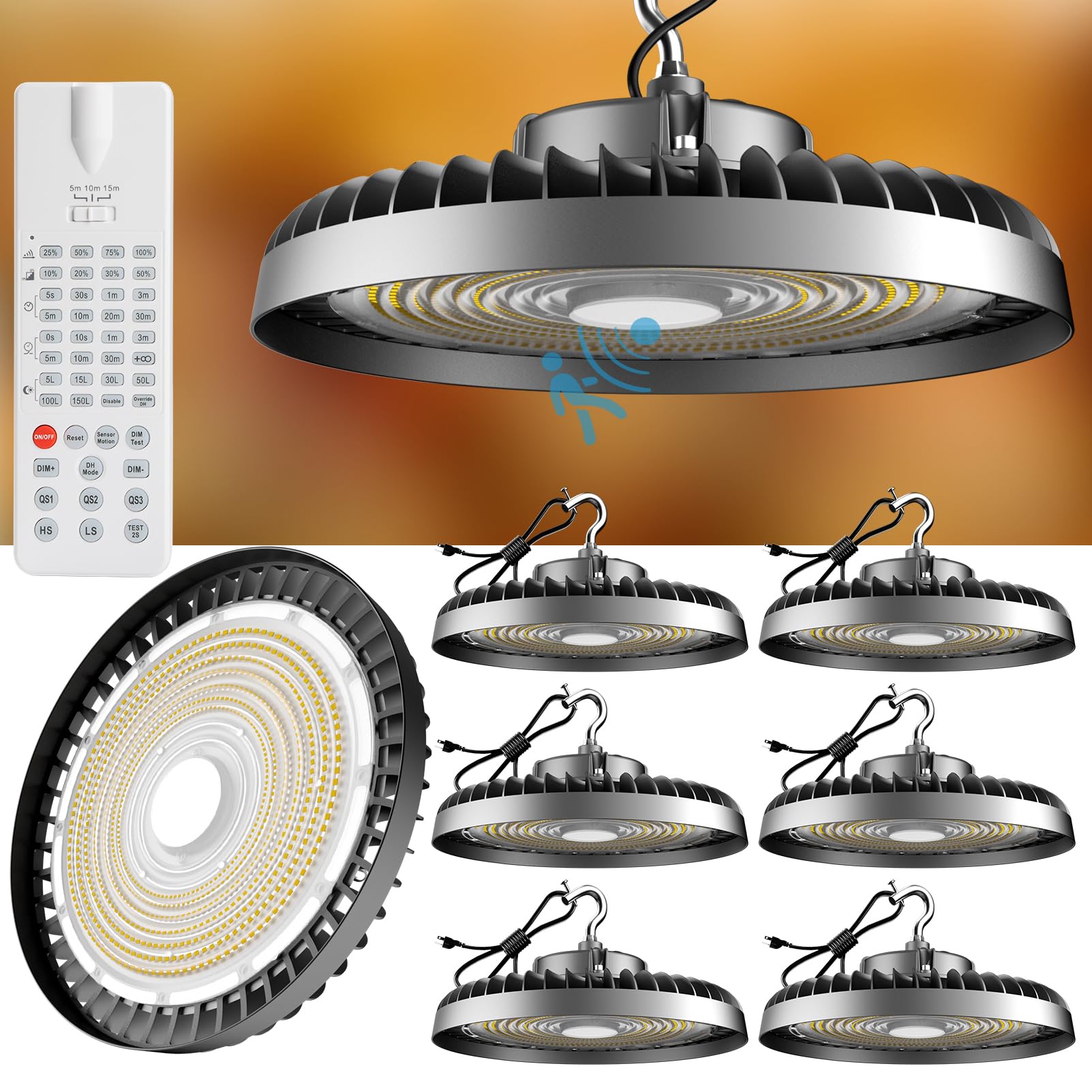 Lightdot Smart 200W LED High Bay Light Motion Activated High Bay LED Lights, AC100-277V US Plug UFO Lights for Warehouse Barn(Installation Height at Least 20FT)- 6Pack(Remote Buy Separate)