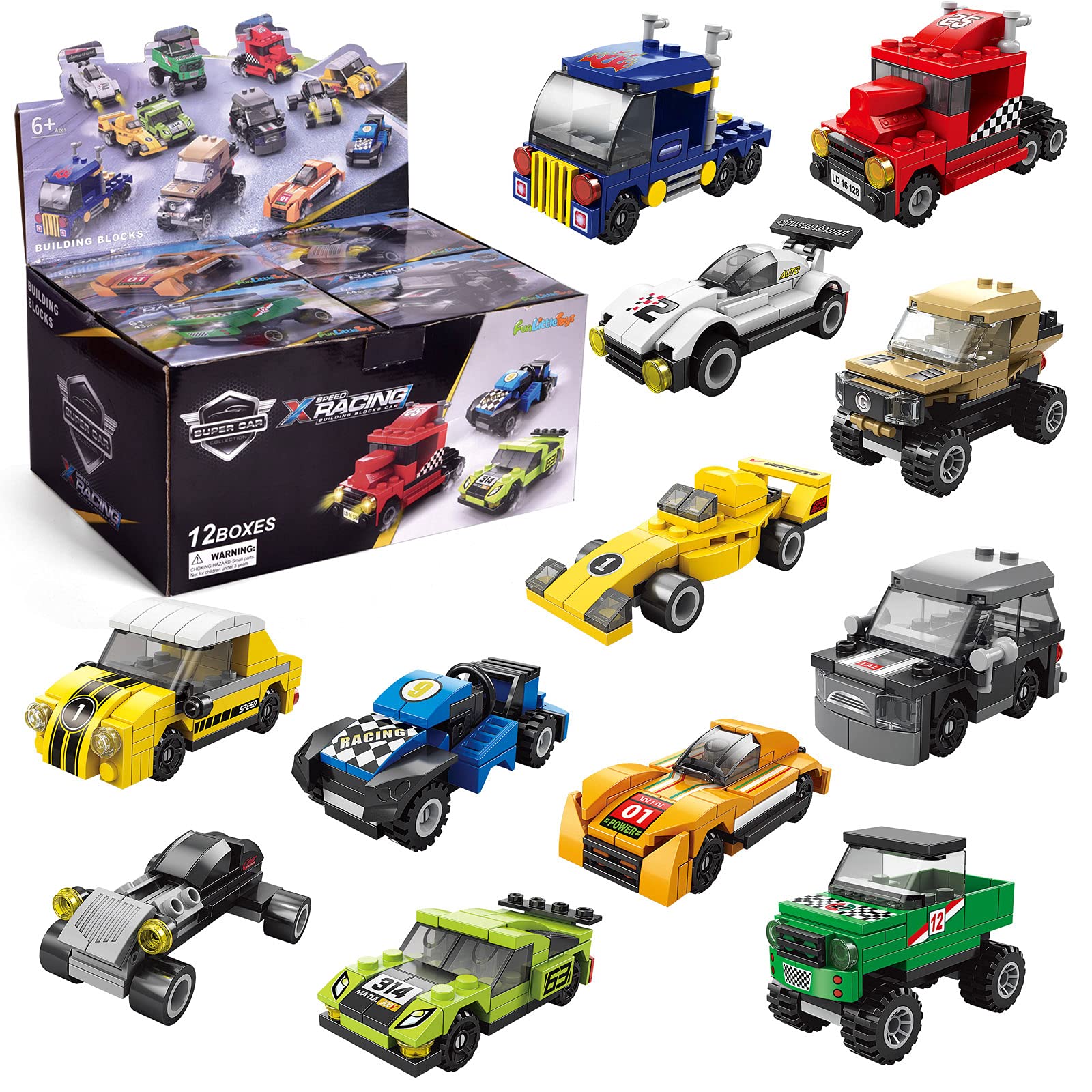 FUN LITTLE TOYS 12 Boxes Race Car Mini Building Blocks Party Favors for Kids 8-12, Car Building Kit Prize Box Toys for Kids Classroom