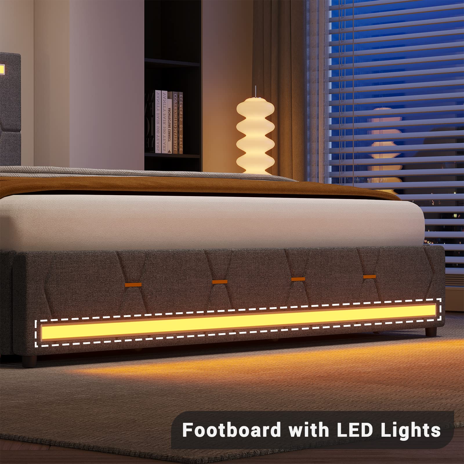 ADORNEVE Full Size Bed Frame with 4 Drawers, LED Bed Frame Full with 2 USB Charging Station, Upholstered Platform Bed with Adjustable Headboard and LED Lights, No Box Spring Needed, Dark Grey