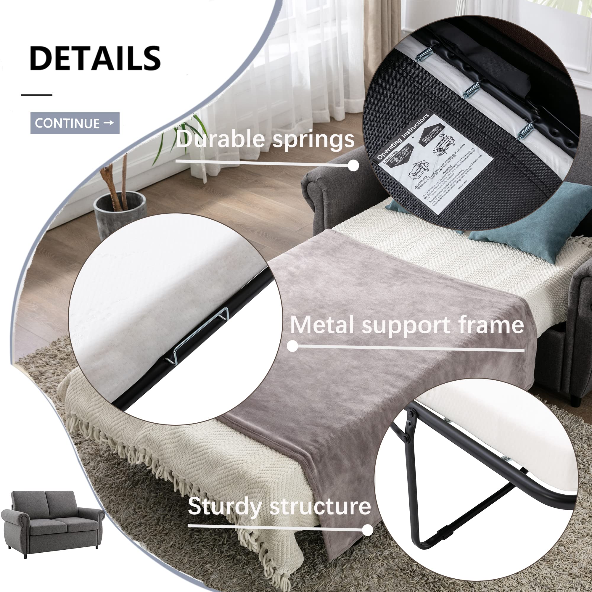 XD Designs 2-in-1 Design Pull Out Sofa Bed, Loveseat Sleeper with 3.1'' Twin Size Memory Mattress, Versatile Couch Beds for Living Room/Small Spaces (Gray)