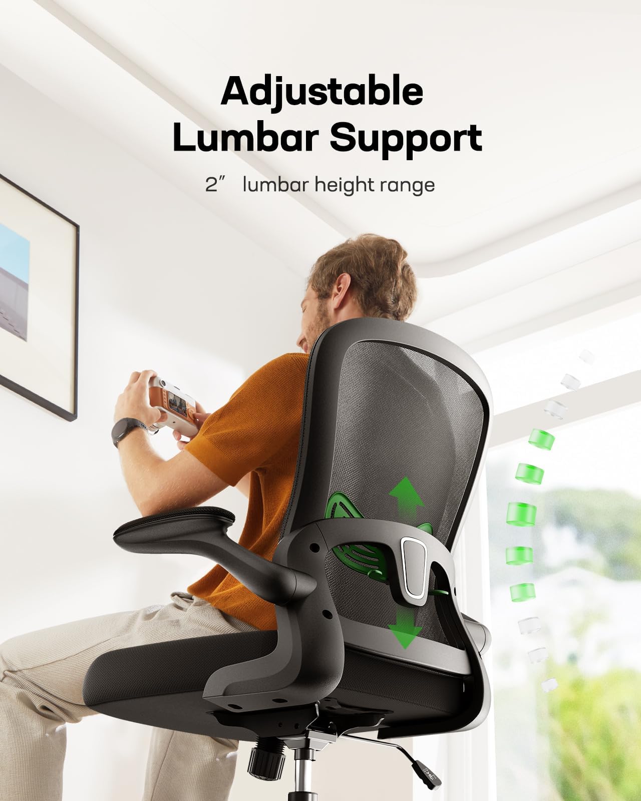 Marsail Office Chair Ergonomic-Desk Chair: Mesh Back Home Office Chair with Adjustable Lumbar Support, Computer Desk Chair with Flip-up Armrests Swivel Home Office Task Chair(Bright Black)