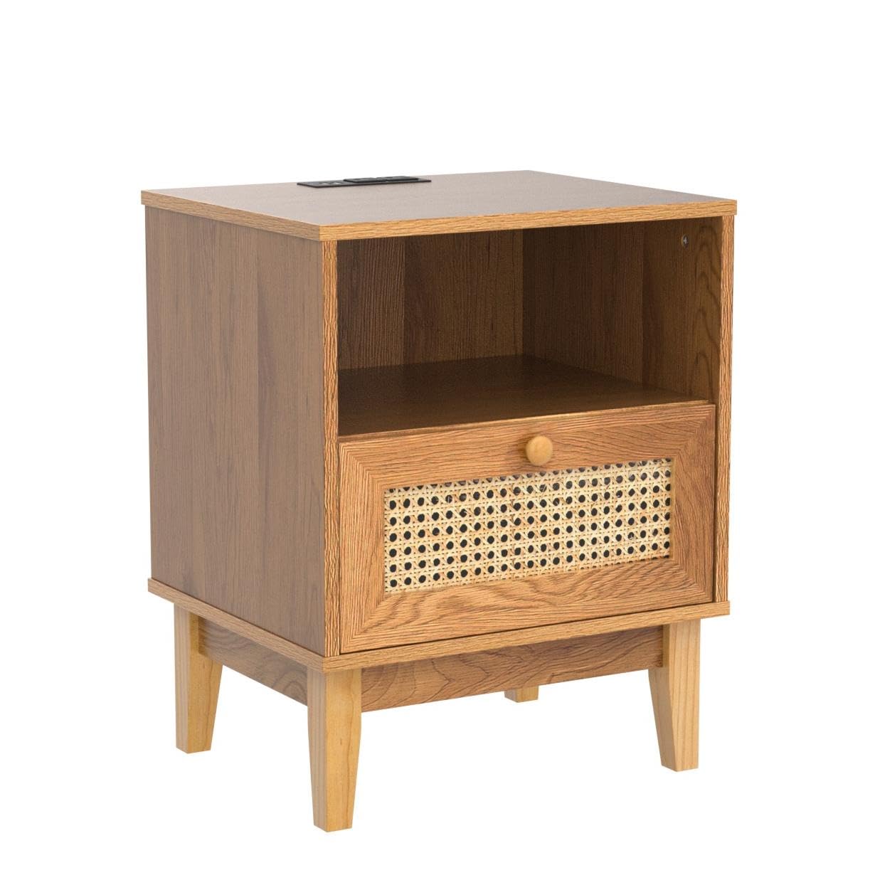 Betterhood Rattan Nightstand Set of 2, Boho Bedside Table with Drawer and Charging Station, Wooden Side Table for Bedroom, Dorm and Small Space, Natural