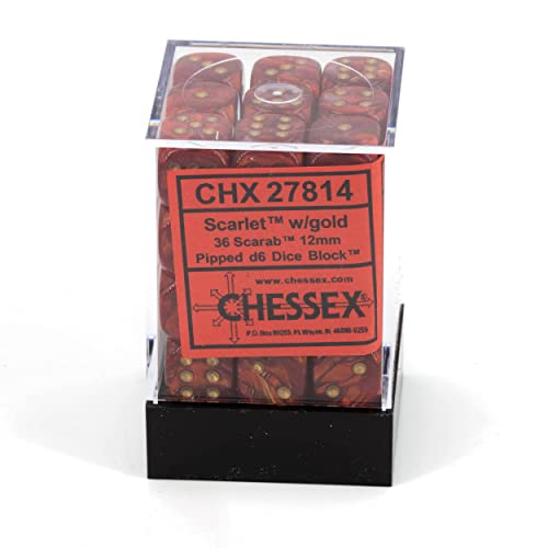 Chessex Dice d6 Sets: Scarab Scarlet with Gold - 12mm Six Sided Die (36) Block of Dice