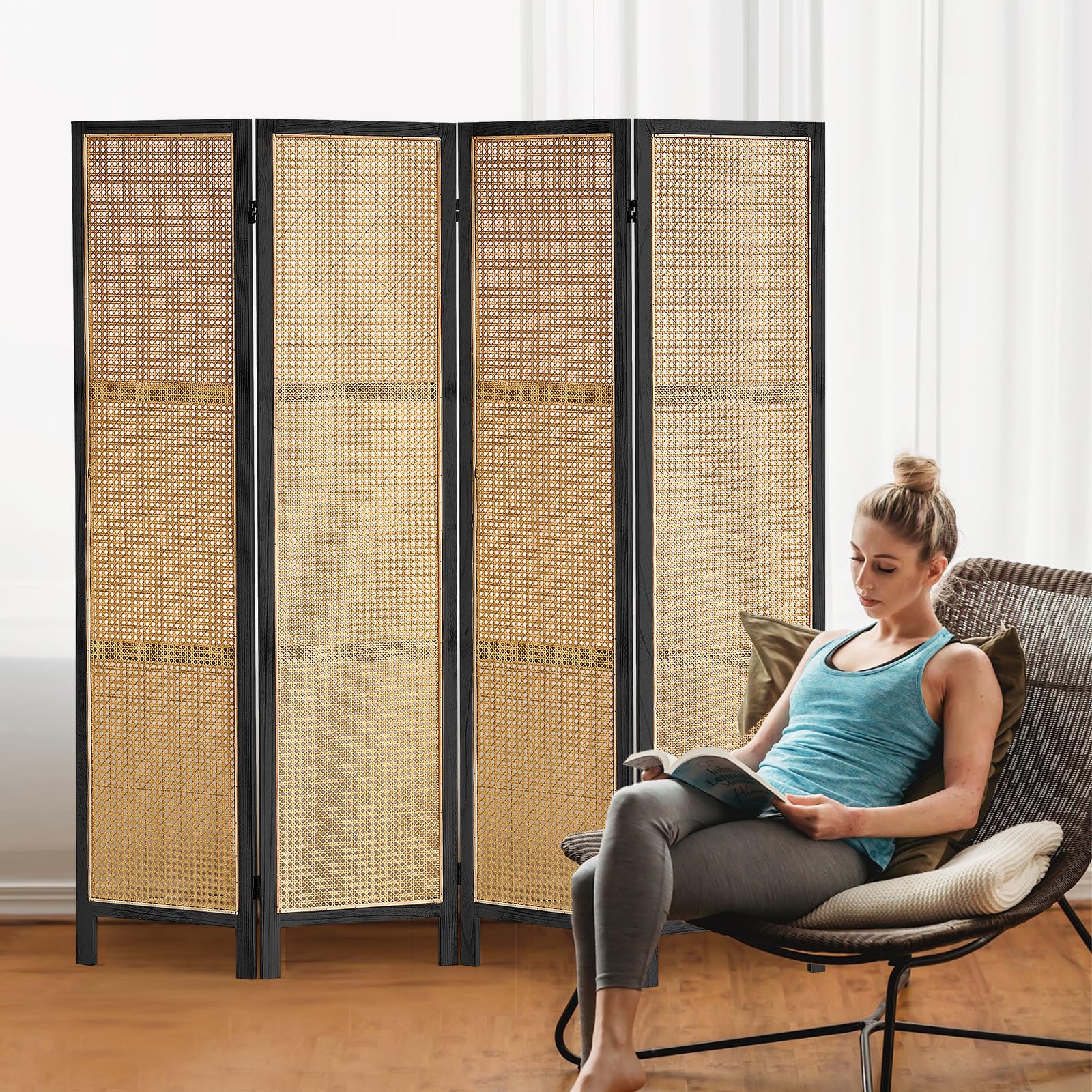 ALeesing 4 Panels Wood Room Divider and Folding Privacy Screens, Hand-Woven Rattan Room Dividers Panel, Room Divider Wall Freestanding, Room Partitions Screen for Home Office Bedroom, Black